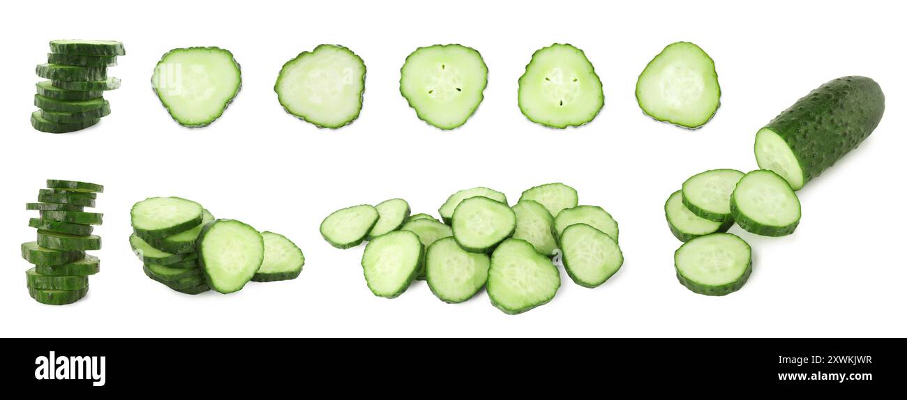 Many sliced cucumbers isolated on white, collage Stock Photo - Alamy