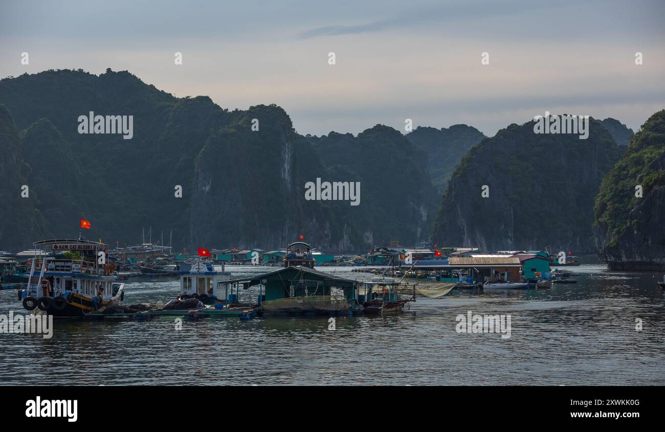 Floating fishing village rock island in Halong Bay Vietnam, Southeast ...