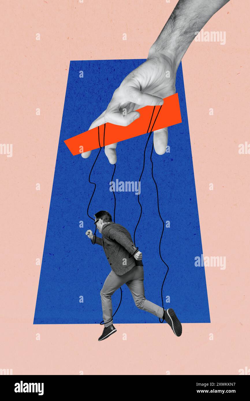 Vertical collage image runner businessman strings connected ...