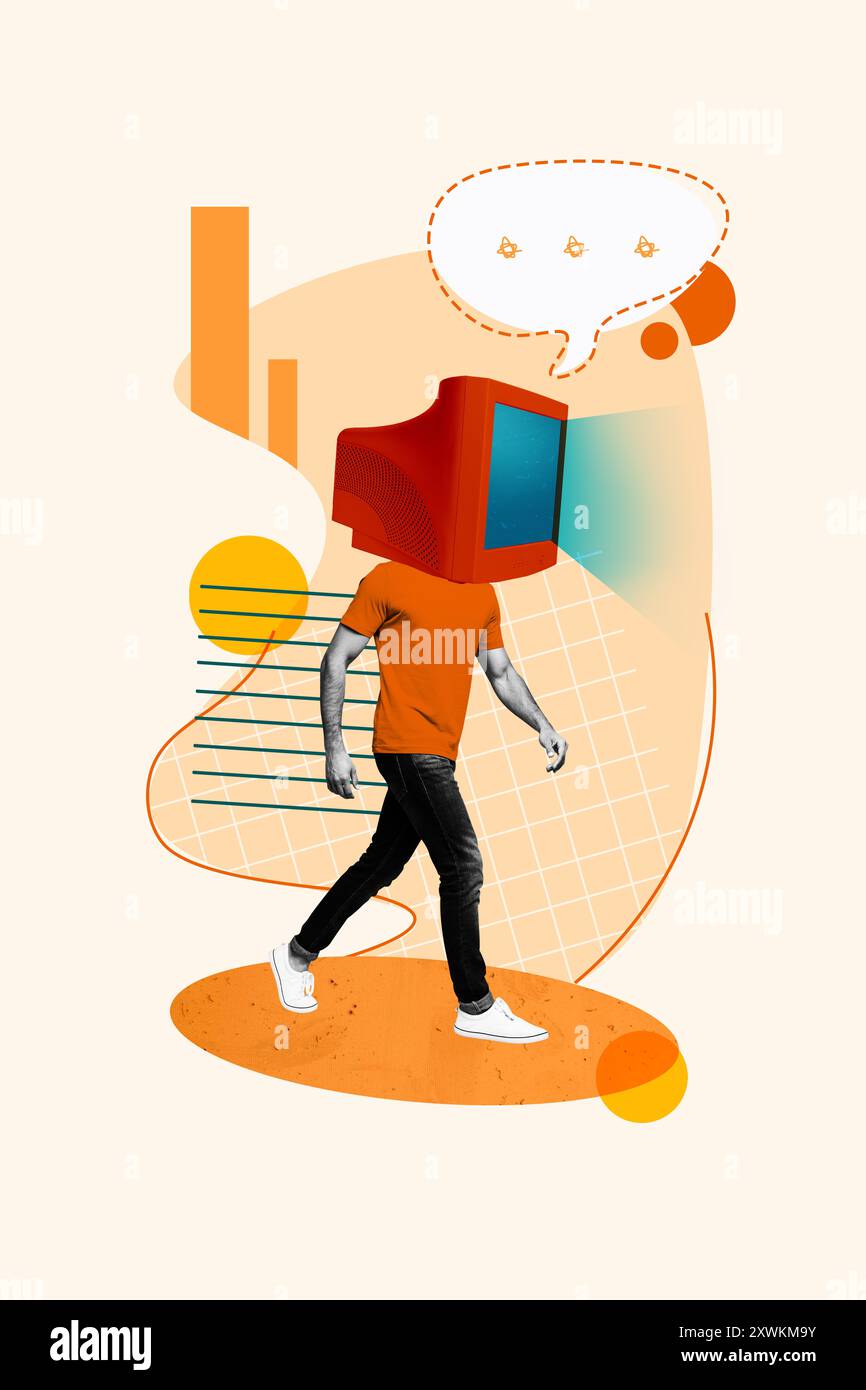 Vertical poster collage young man walk computer pc screen monitor ...