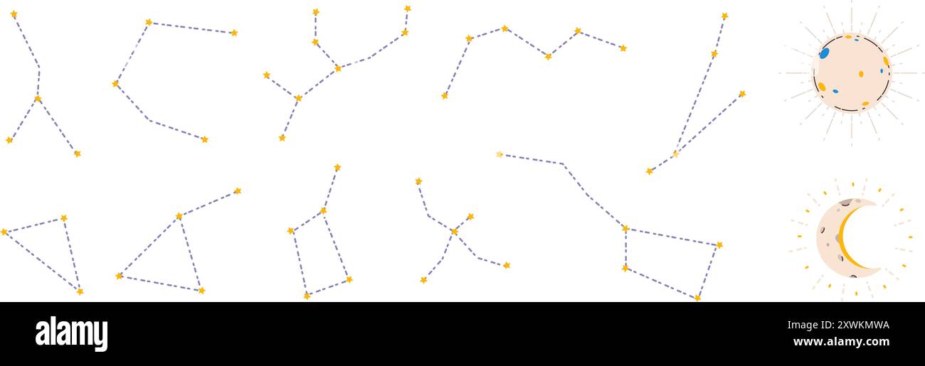 Abstract constellations sun moon. Crescent decorative element with line ...