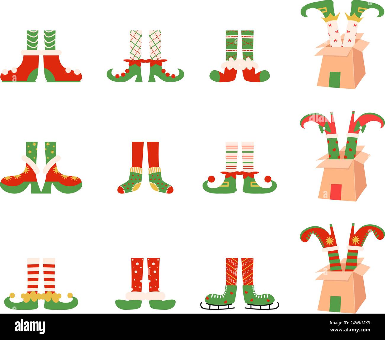 Elves legs. Christmas santa elf feet in different shoes. Xmas workers ...