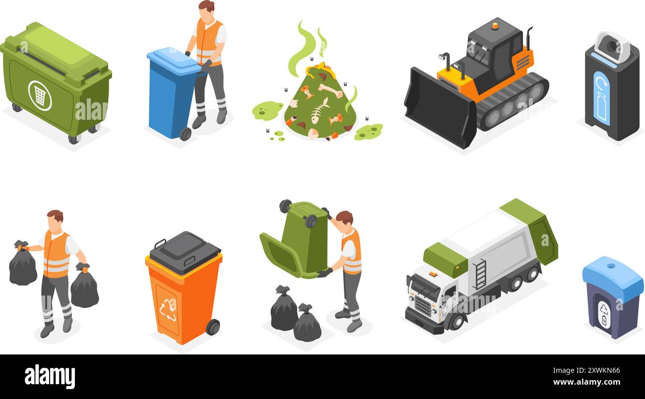 Isometric 3d garbage. Plastic waste containers, tank truck and composting tractor. Recycling ...