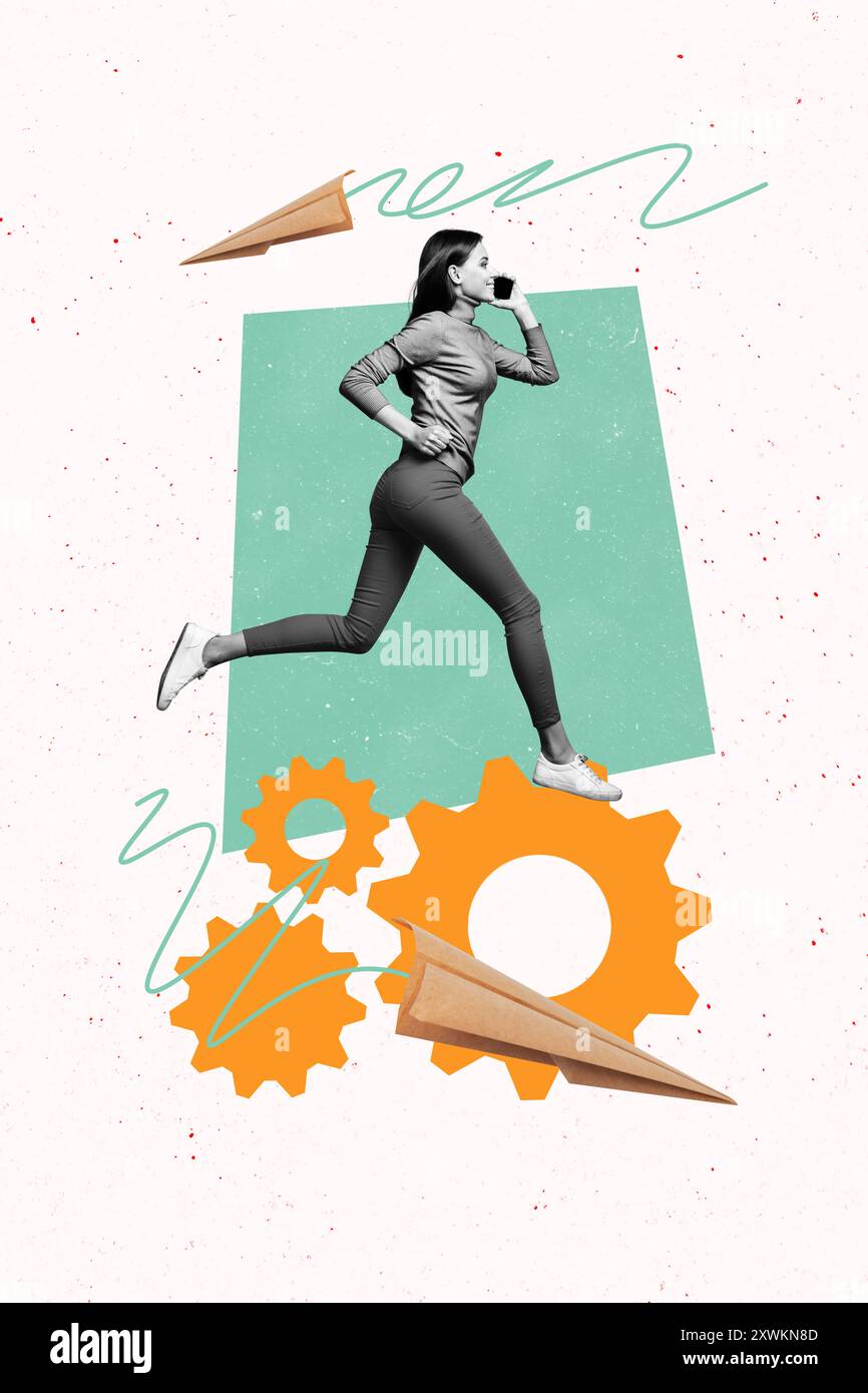 Vertical collage poster young busy woman run cogwheels organization ...