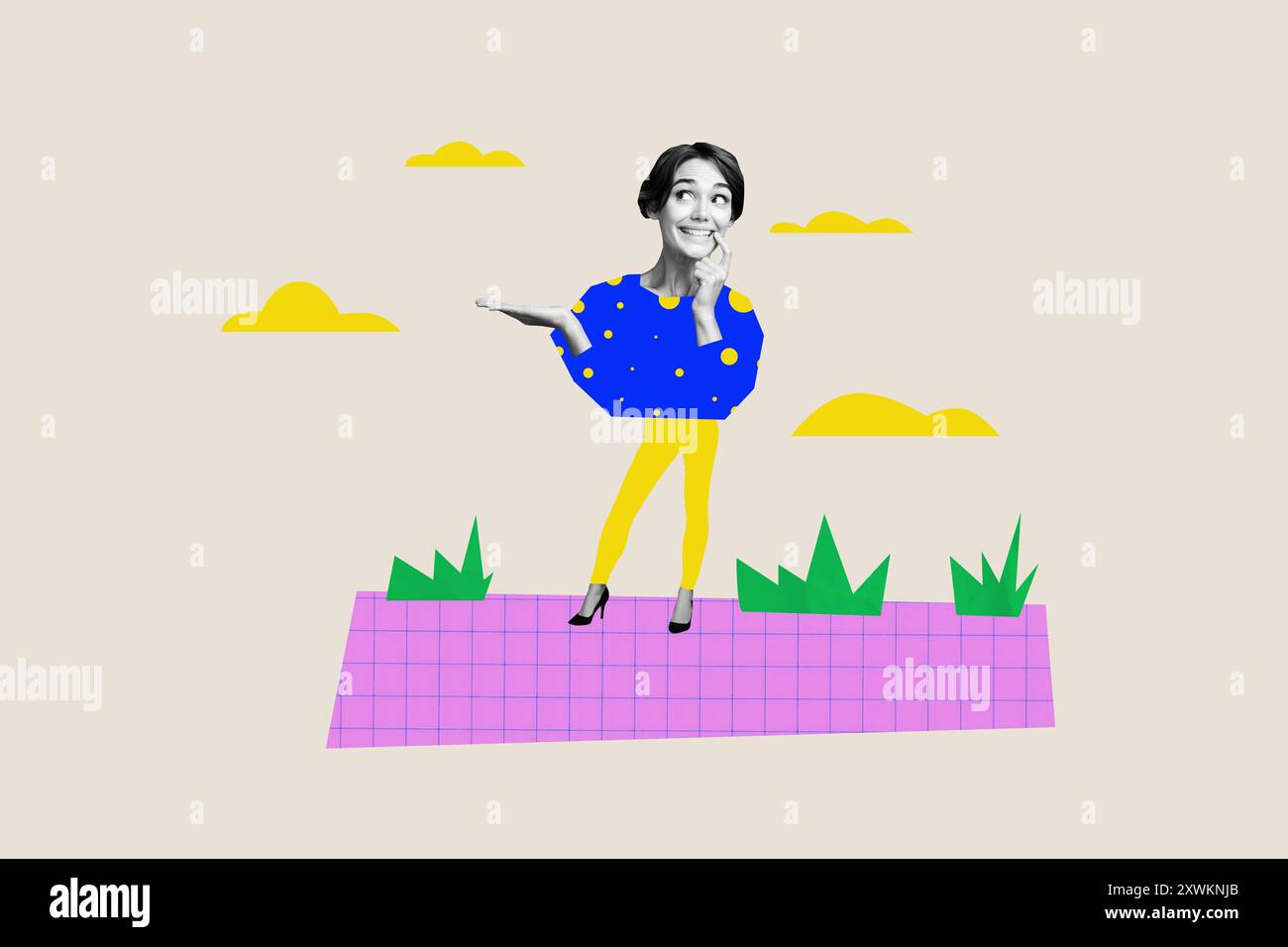 Creative picture collage young woman outdoors activity clouds grass ...