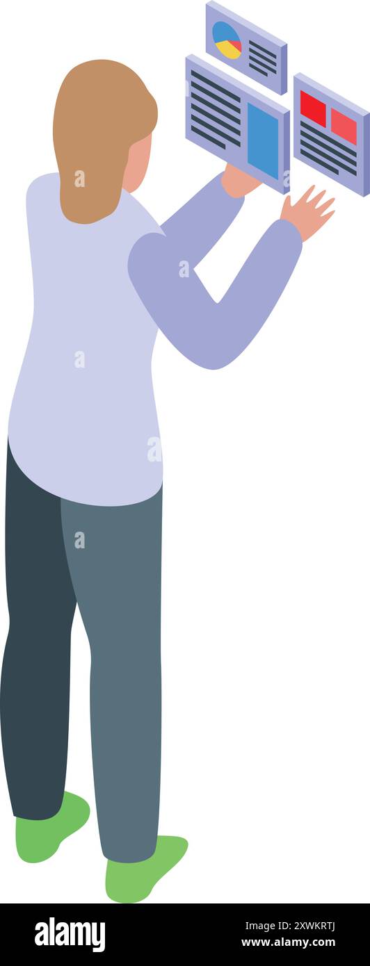 Businesswoman managing virtual windows with financial data isometric ...