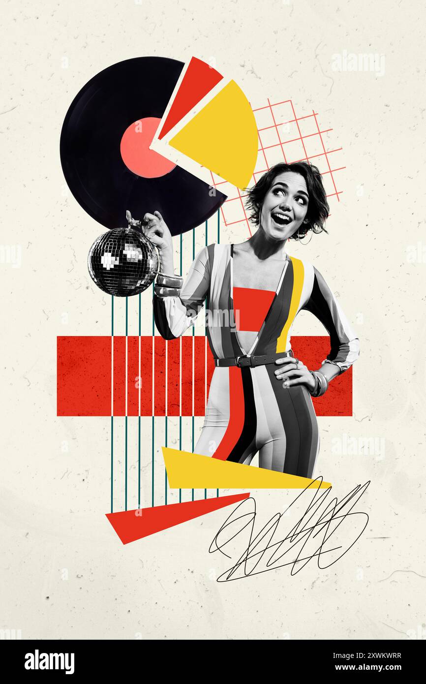 Vertical poster collage young woman disco party entertainment record ...