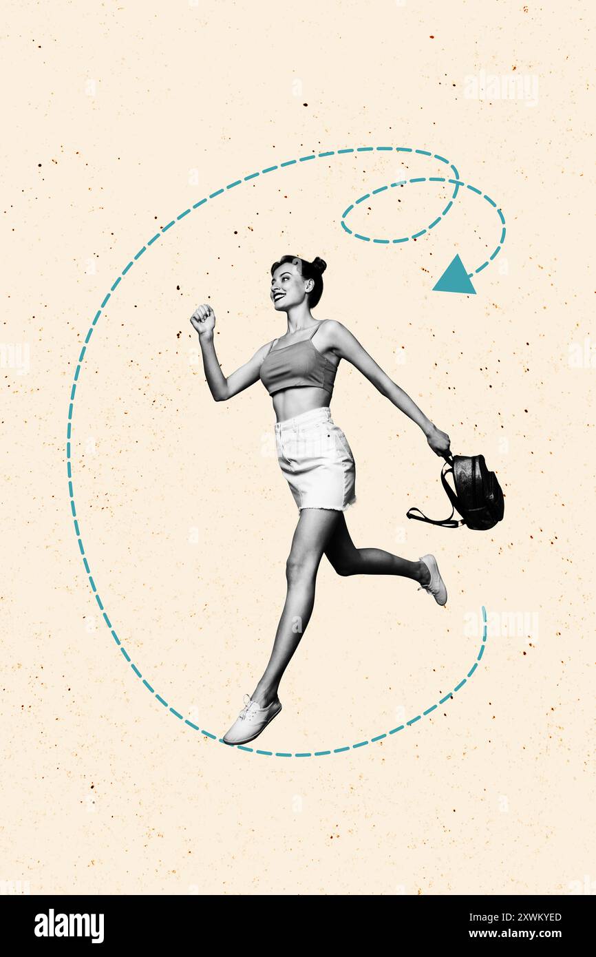 Vertical poster collage young cheerful woman run traveler tourist arrow ...