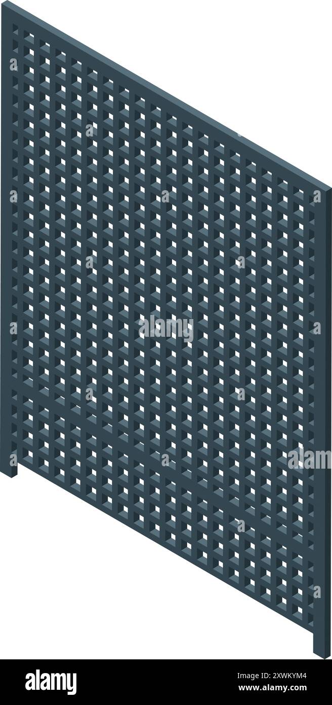 Isometric drawing of a metal mesh fence panel with square holes on a ...