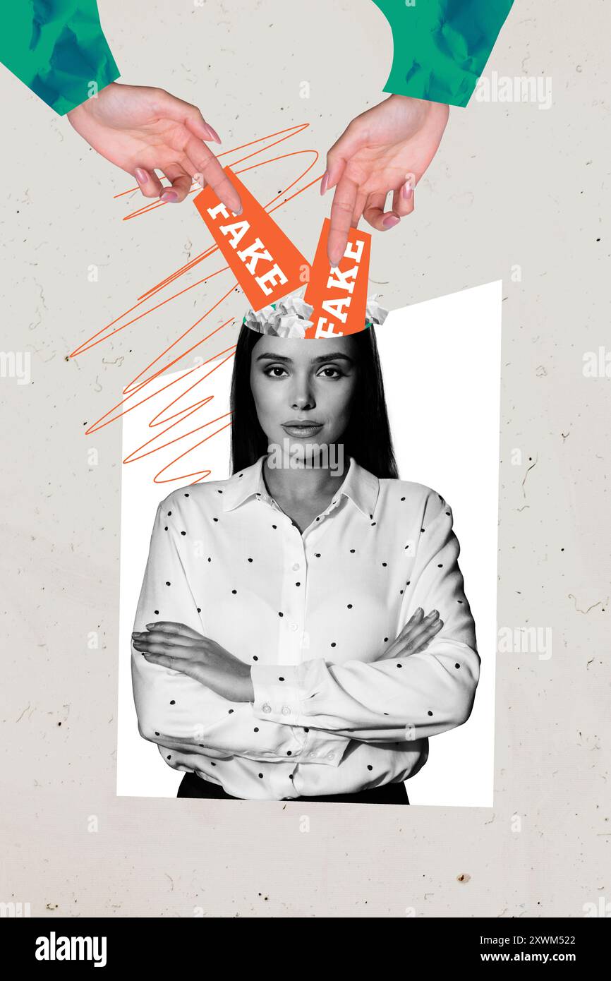 Vertical poster collage young businesswoman fake news falsification ...