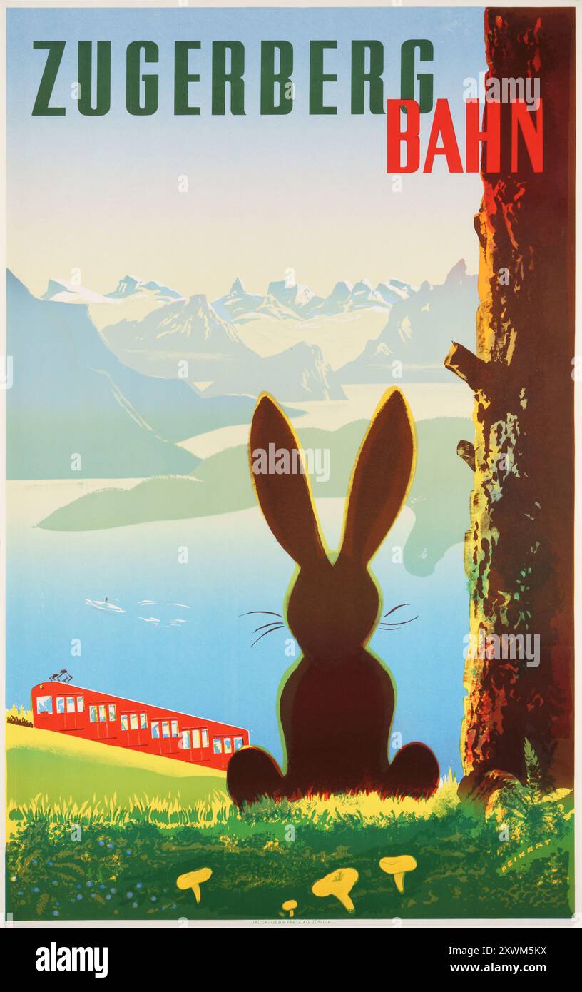 Vintage Travel poster by Martin Peikert, Zugerberg Bahn, Railway lift ...