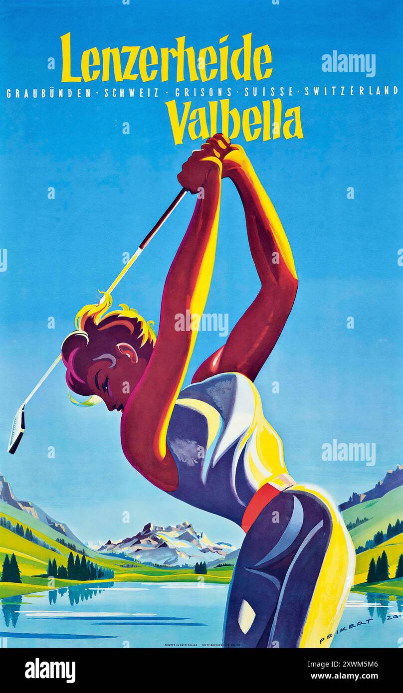 Vintage swiss travel poster by Martin Peikert feat a woman playing golf ...