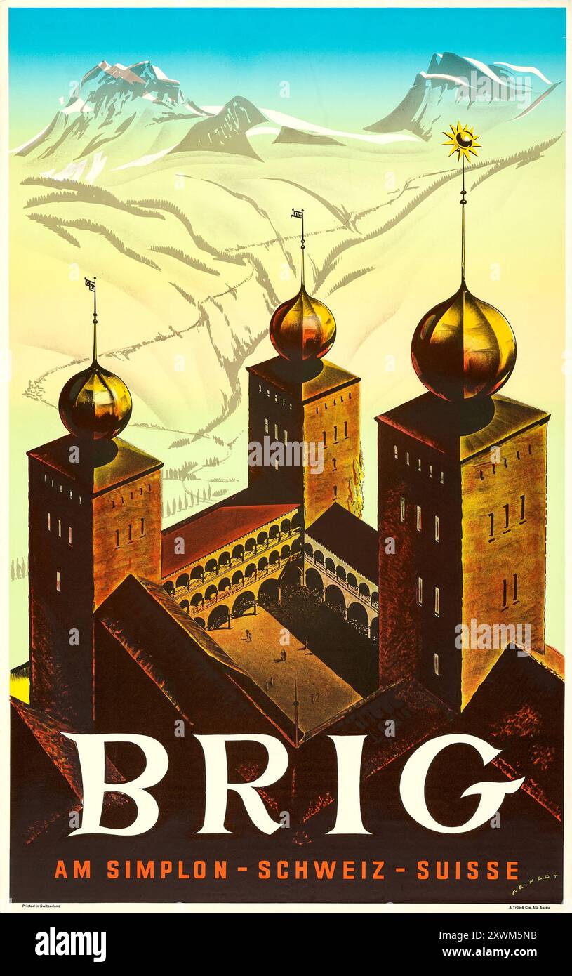 Brig (1940s) Vintage Swiss Travel Poster - Martin Peikert Artwork ...