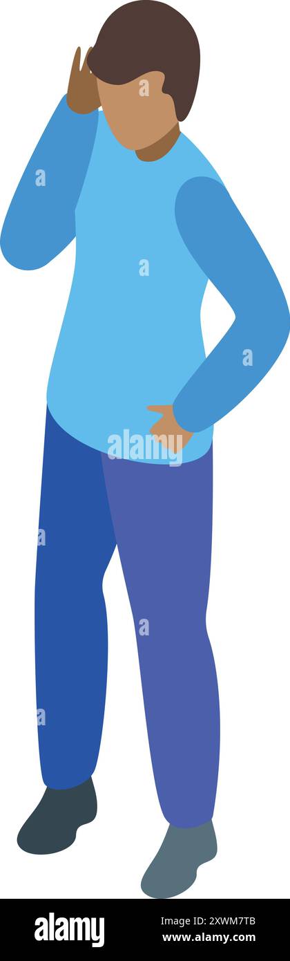 Young man is standing, touching his head with his hand and thinking ...