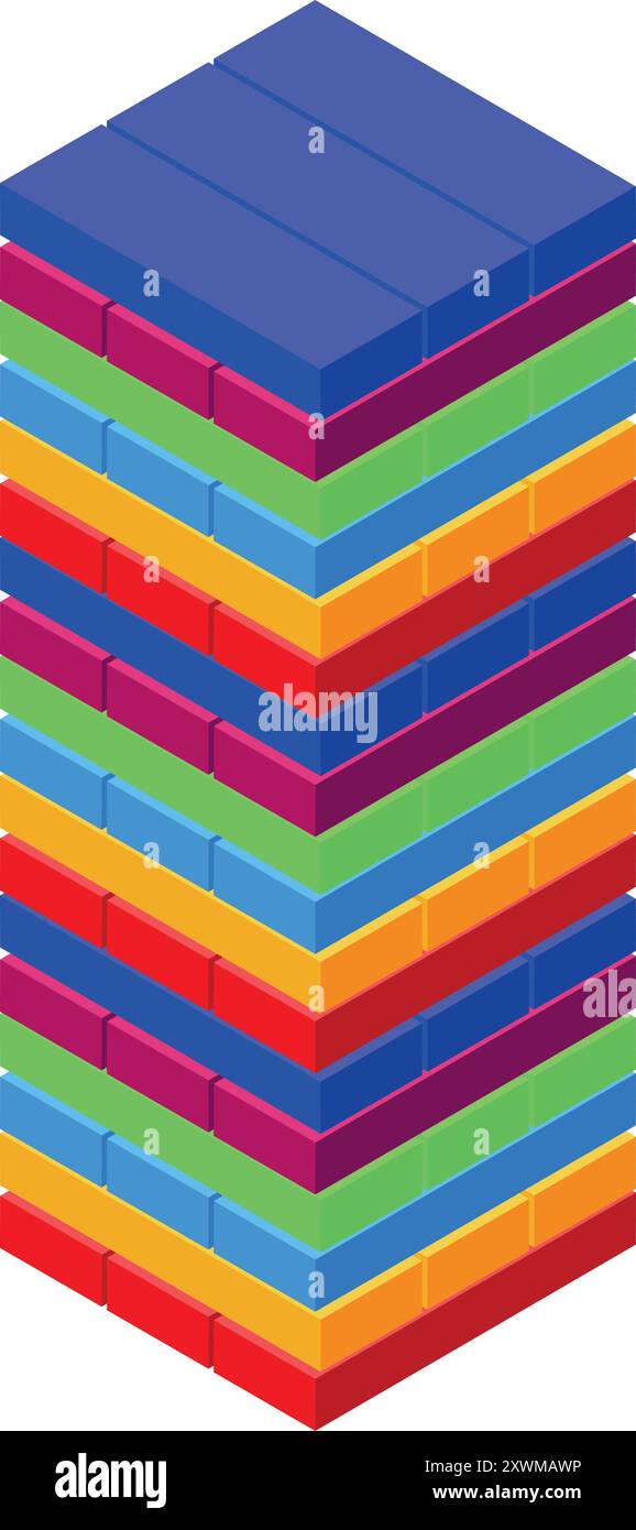 Tall tower of colorful wooden blocks, stacked neatly on top of each other, creating a sense of ...