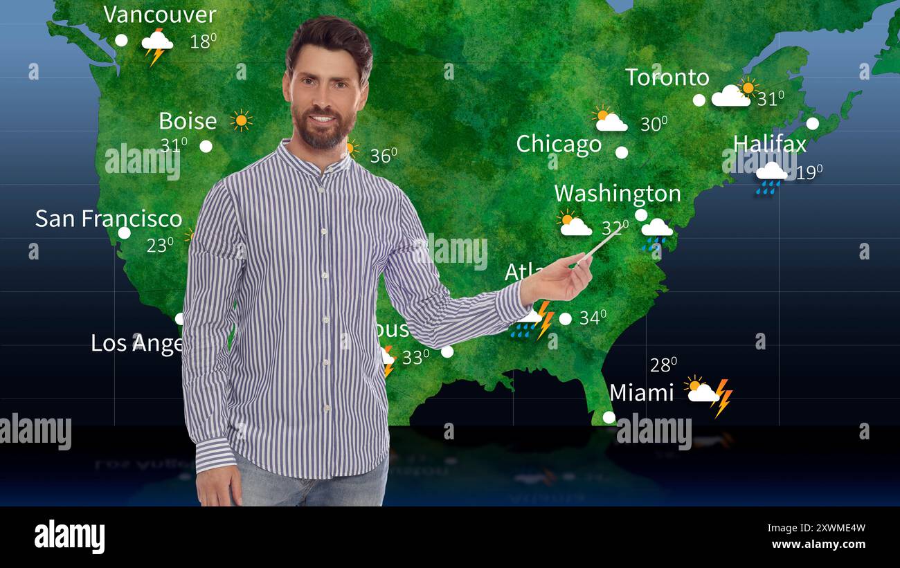 Weather broadcaster presenting forecast against map of USA Stock Photo ...