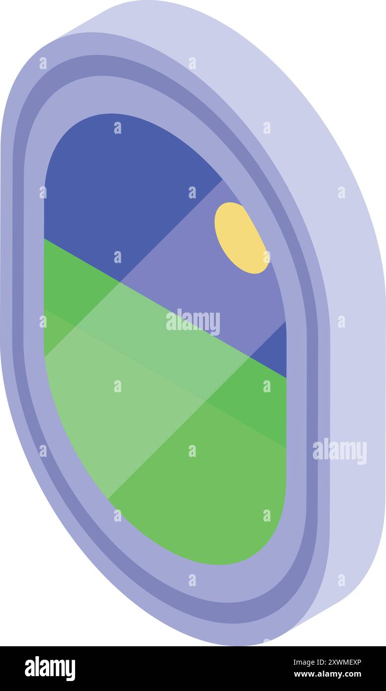 Isometric oval window showing green fields and blue sky with sun Stock ...