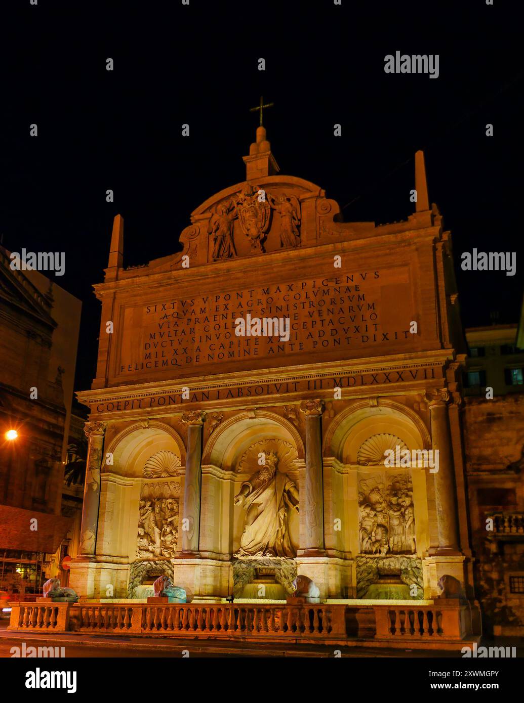 The night view on Fontana dell'Acqua Felice (Fountain of Moses) located ...