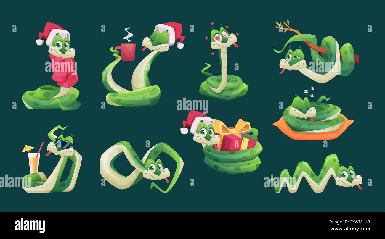 Green snake. Lizards in action poses new year 2025 symbols cartoon ...
