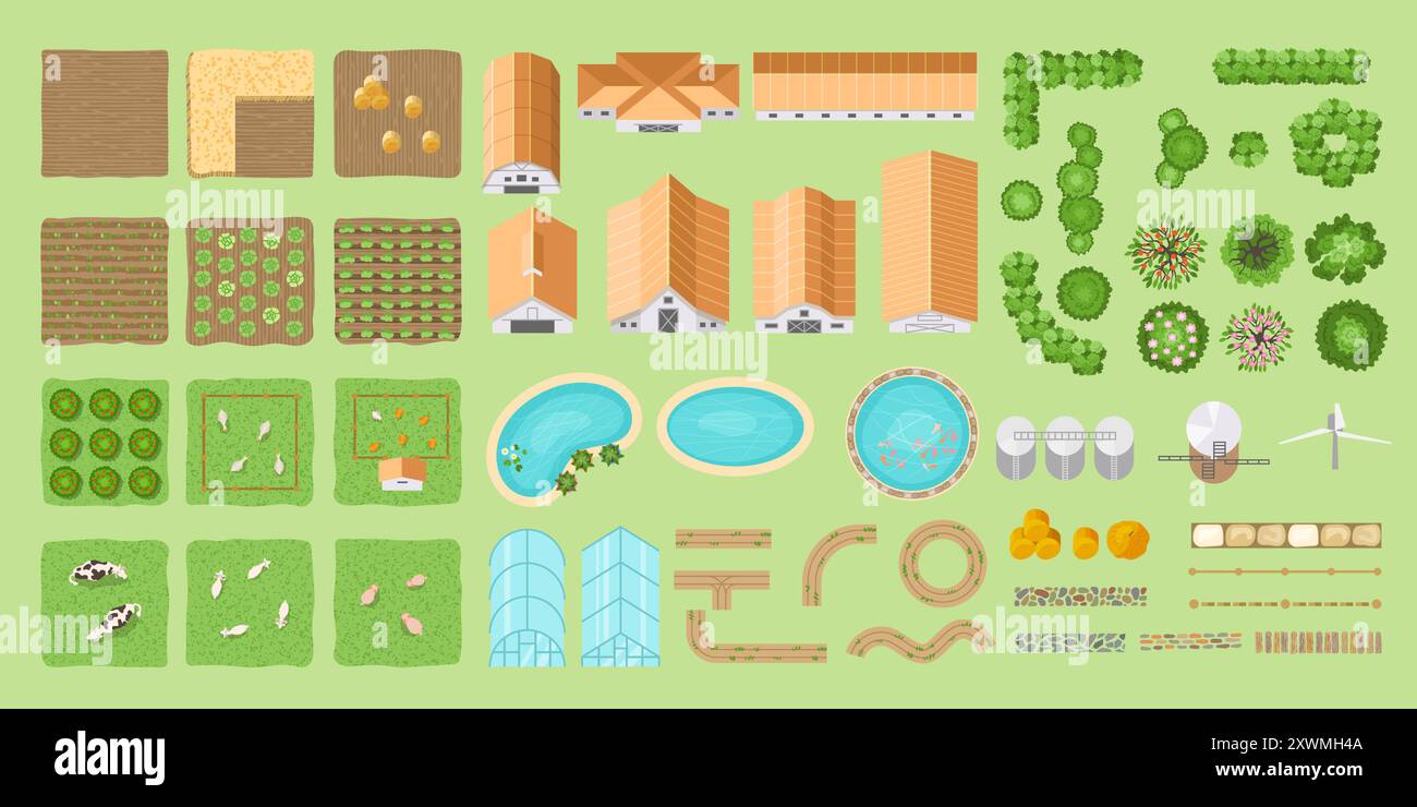 Farm top view. Rural fields gardens agricultural transport and roads farm constructor recent ...