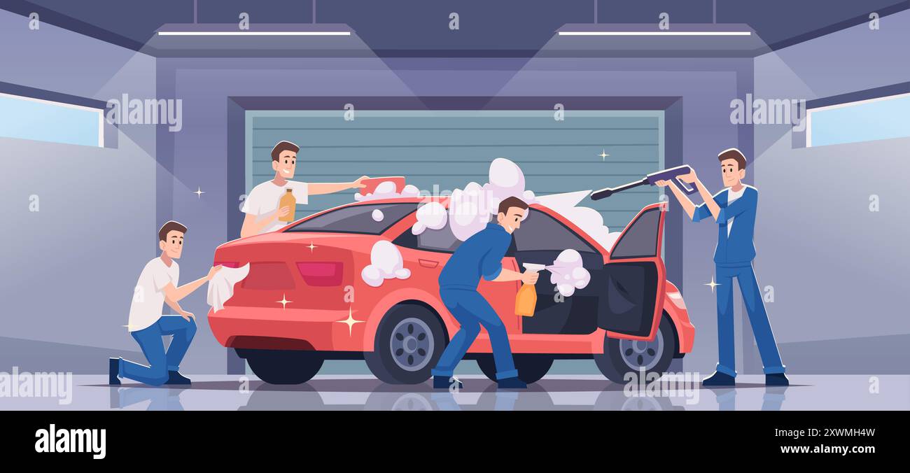 Washing cars. Cartoon background of cleaning service people workers ...