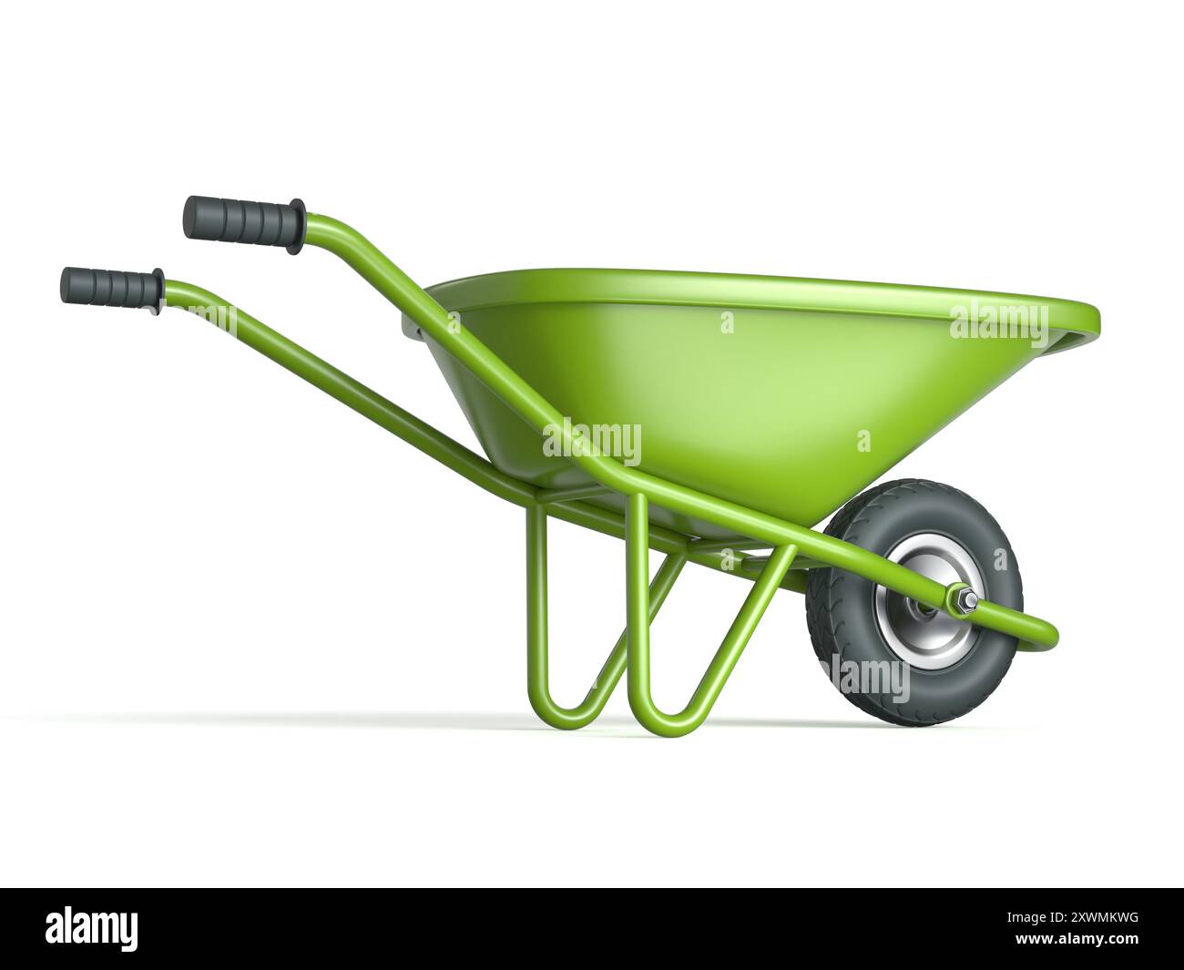 Green wheelbarrow side view 3D rendering illustration isolated on white ...