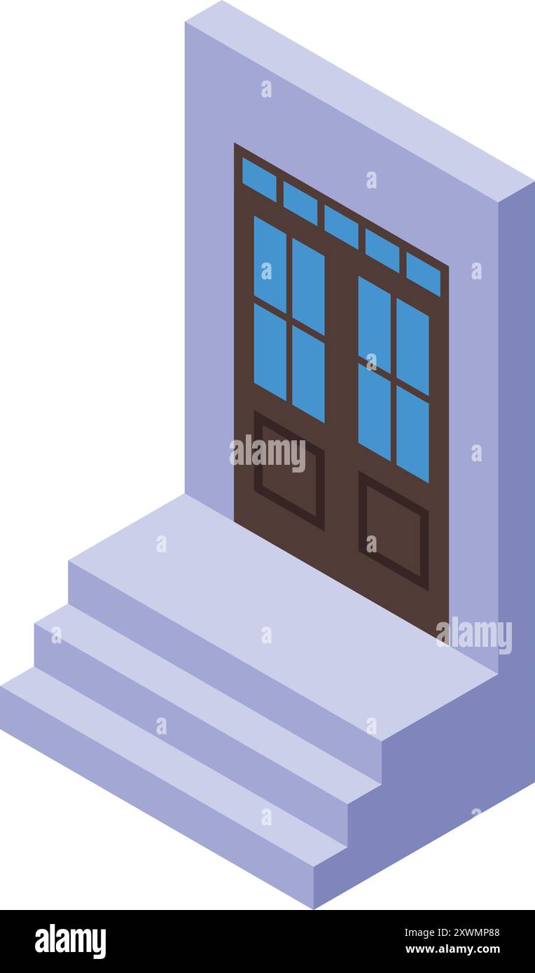 Isometric view of a double door building entrance with stairs leading ...