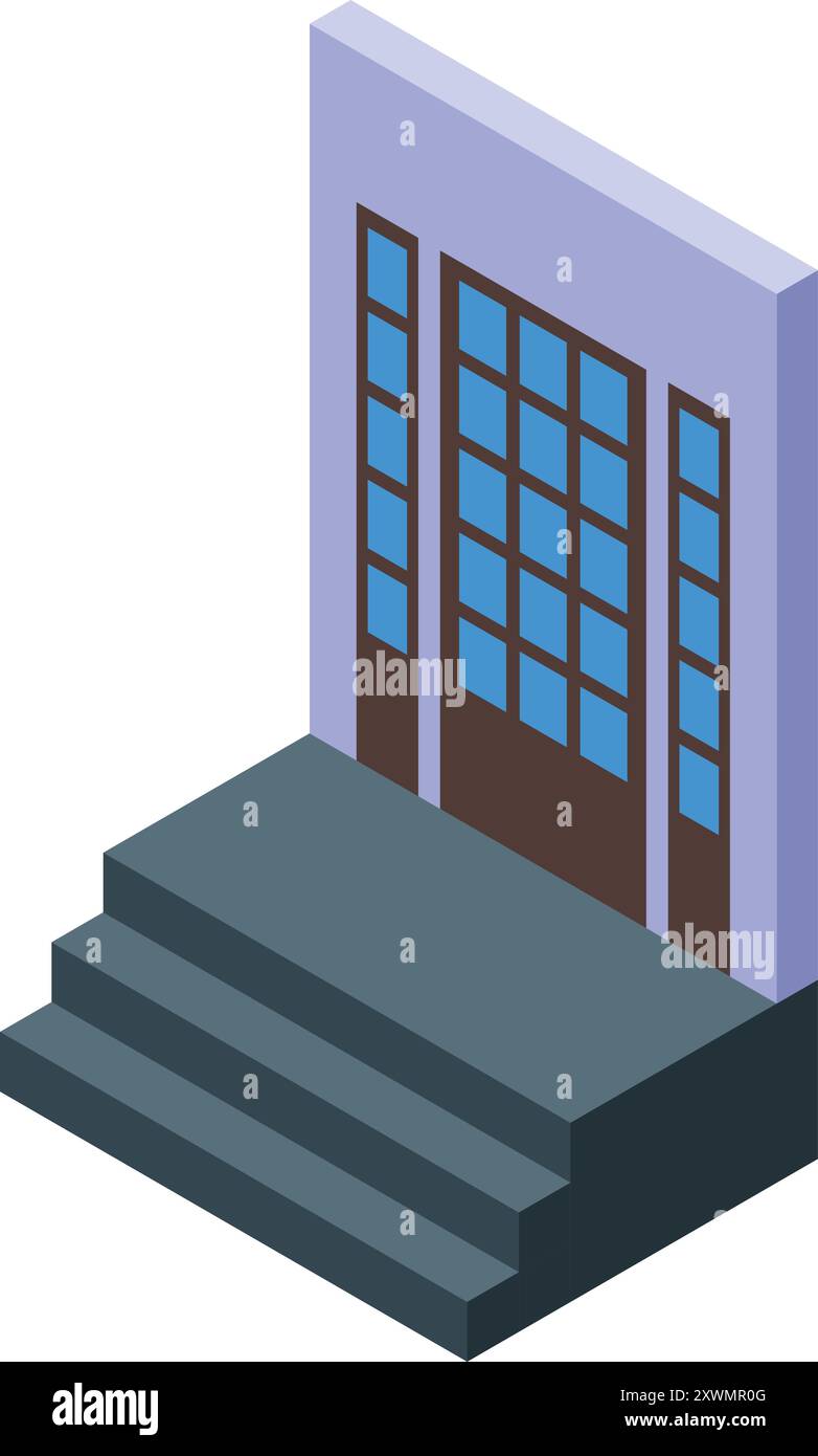 Isometric view of a modern building entrance featuring stairs leading ...