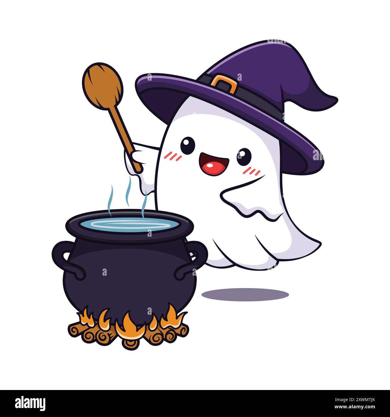 Cute Halloween Ghost Cartoon Character And Witch Pot Stock Vector Image ...