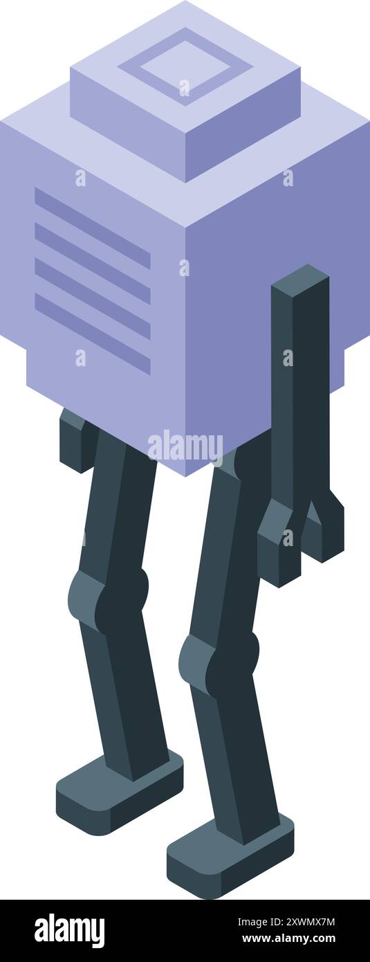 Retro style pixel art robot with blocky limbs and a cube head standing ...