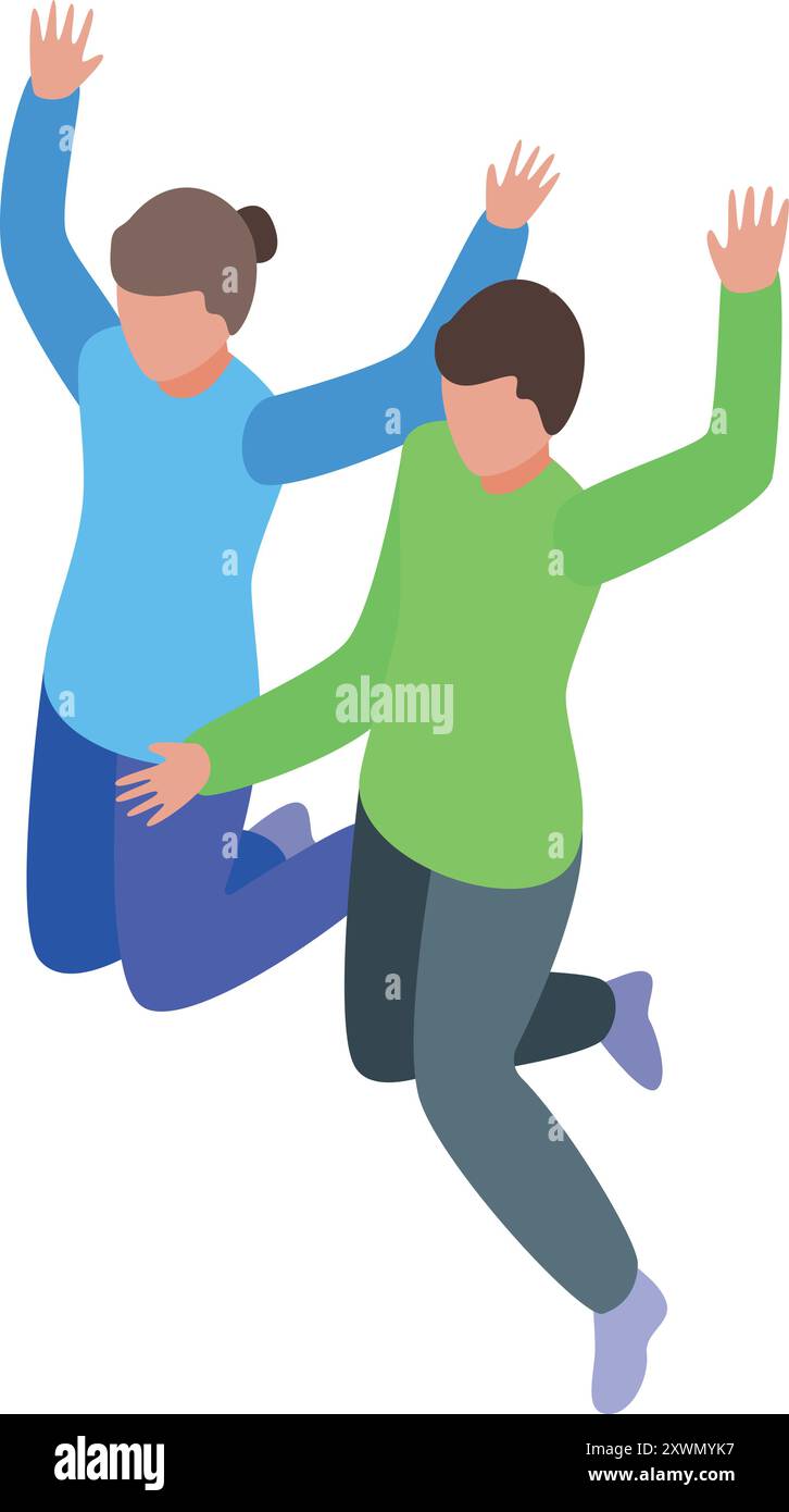 Two friends are jumping in the air with their hands raised, expressing ...