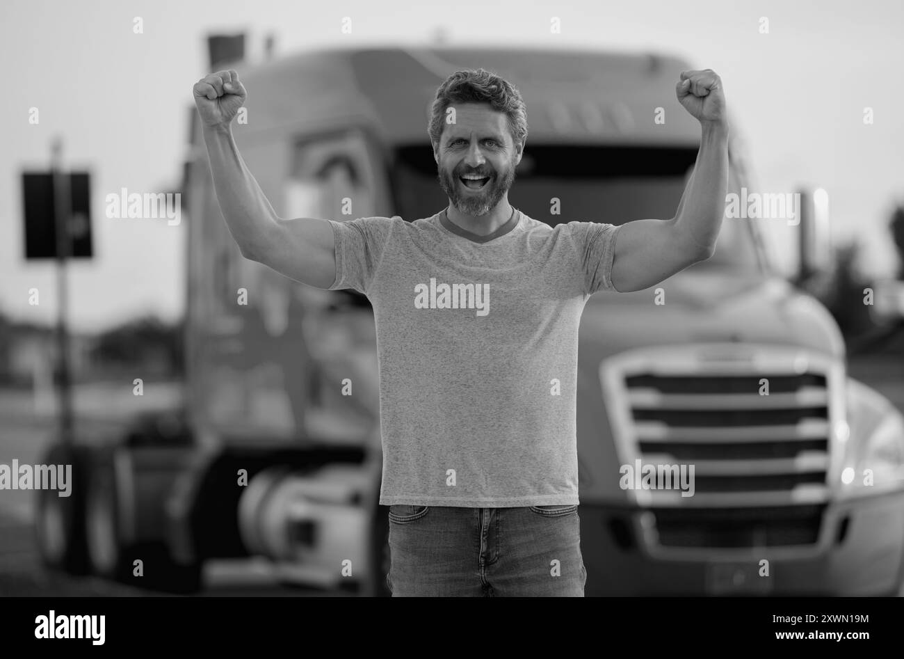 Men driver near lorry truck. Truck driver. Trucking owner ...