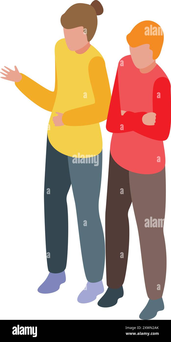 Young woman is gesturing while talking to a young man with crossed arms ...