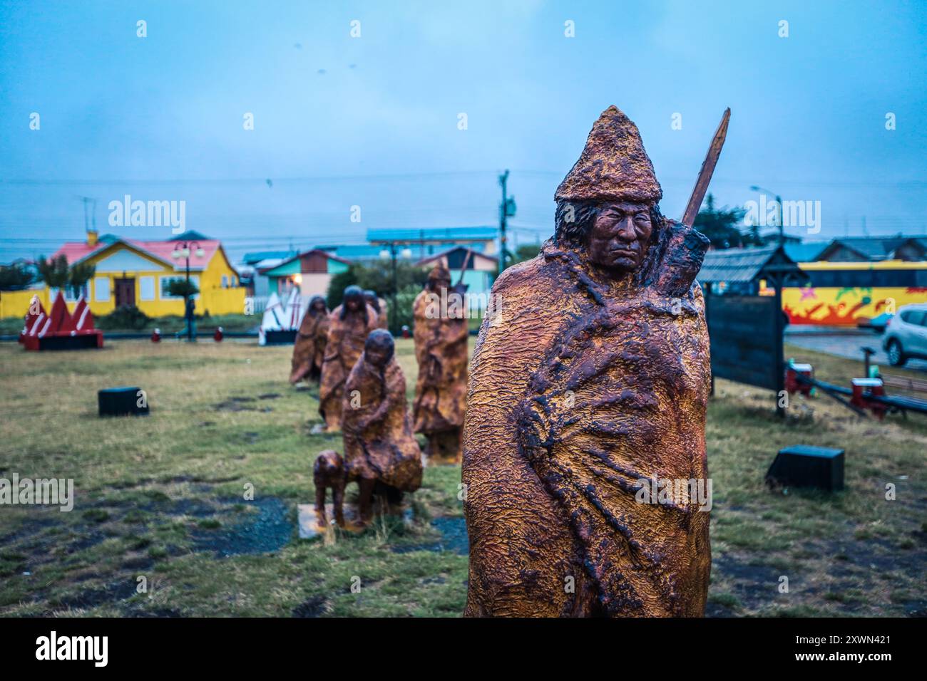 Monument of the hunter from an Indian tribe in Porvenir, Chile Stock ...
