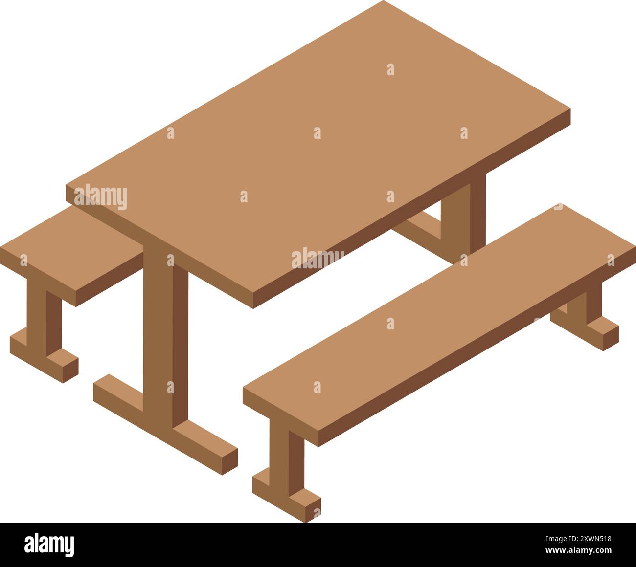 This isometric icon features a classic wooden picnic table, perfect for illustrating outdoor ...