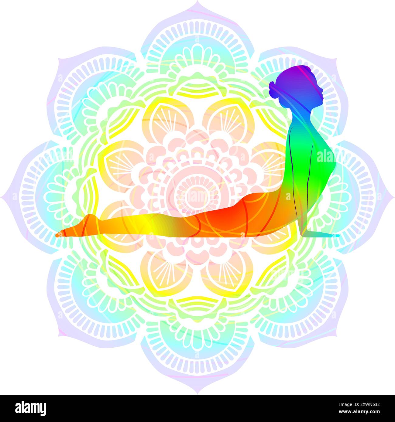Colorful silhouette of woman practicing Bhujangasana yoga pose. Cobra ...