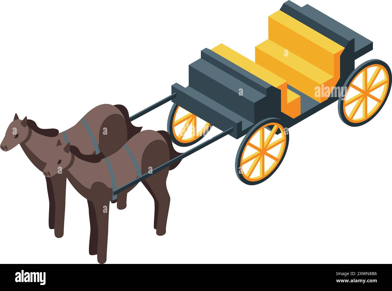Two brown horses pulling a vintage wooden carriage with yellow seats on ...