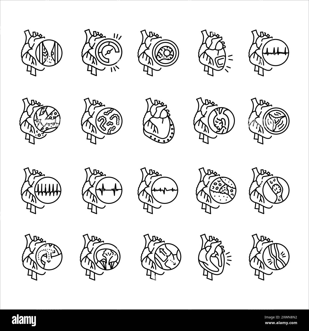 Cardiac diseases line black icons set. Signs for web page, mobile app ...