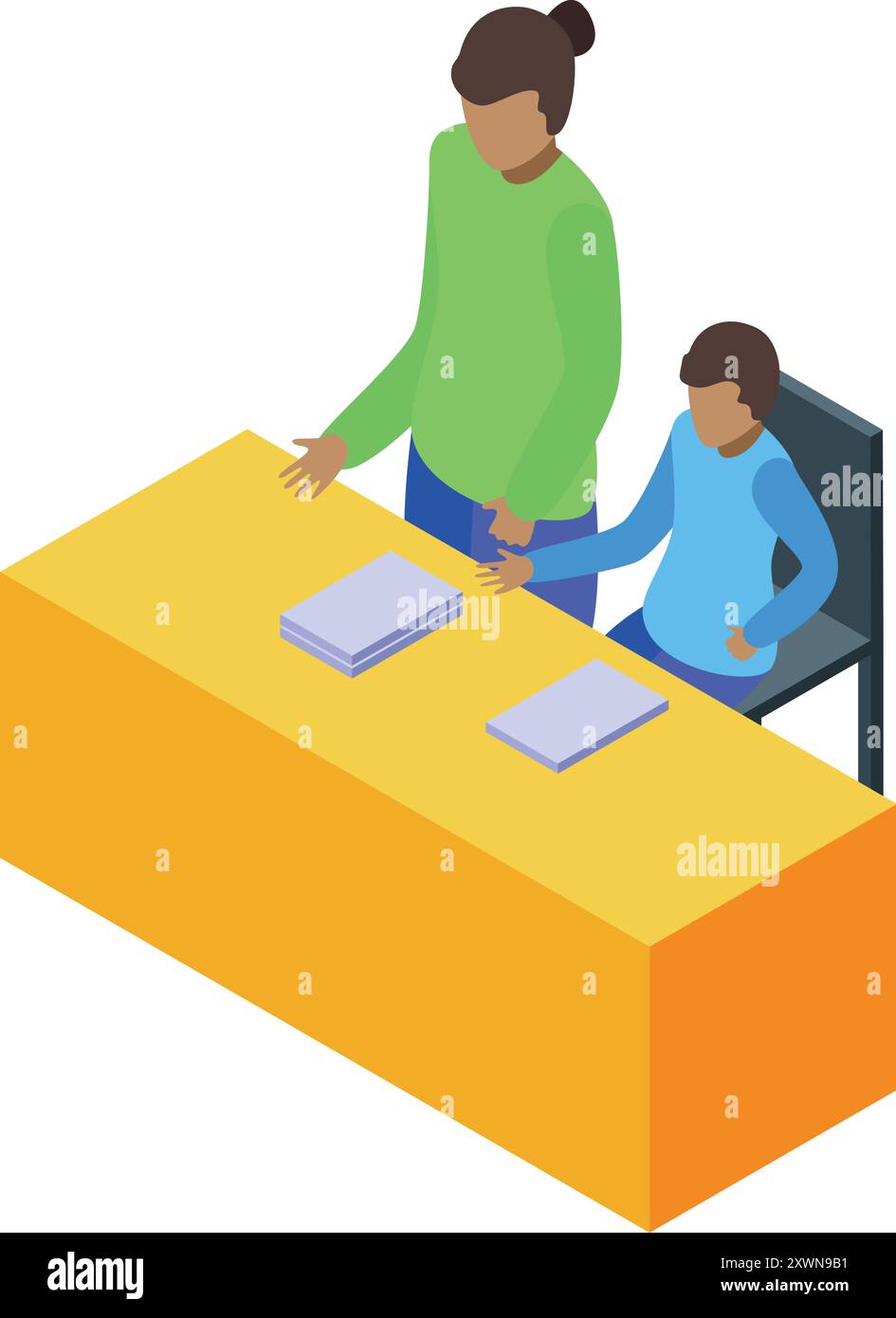 Teacher is helping a student with his homework in a classroom setting ...