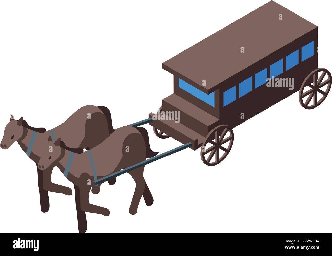 Two brown horses pulling a classic stagecoach, a symbol of the wild ...