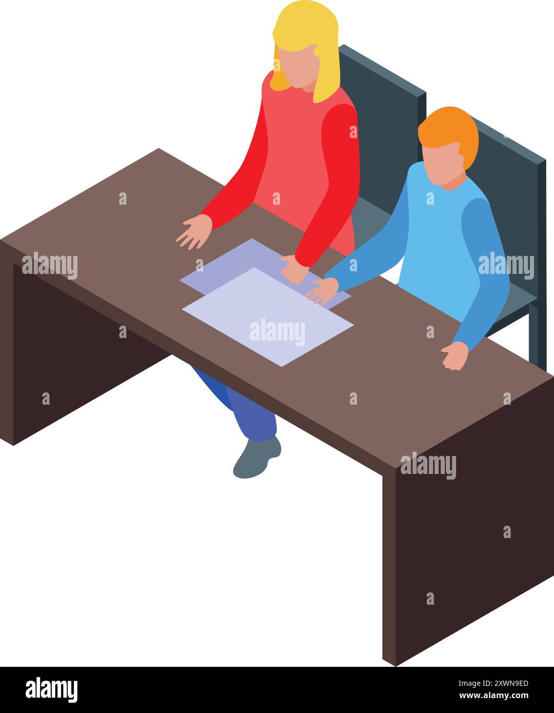 Teacher is helping a young student with his studies at a desk Stock ...