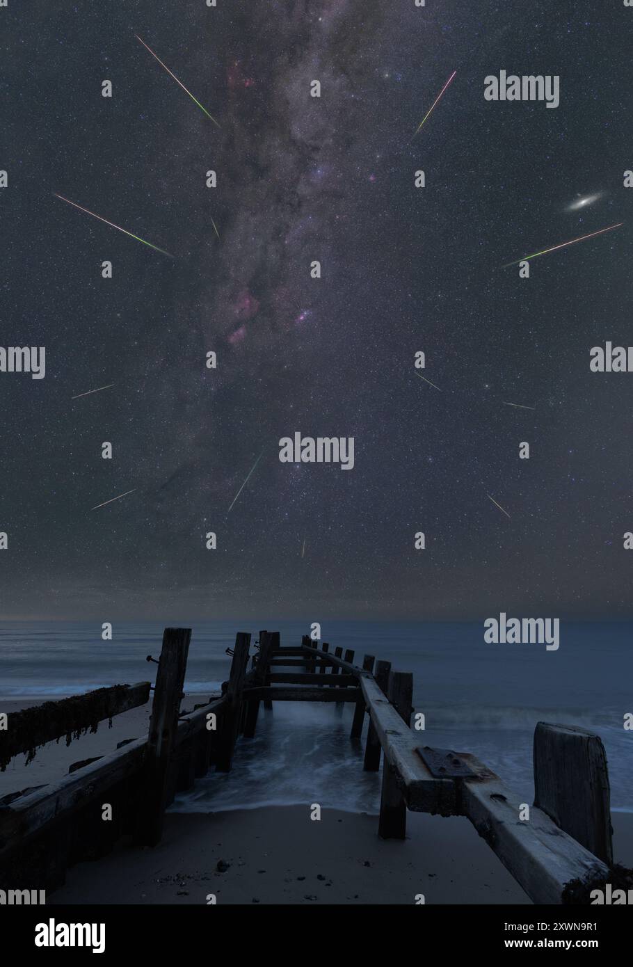 Multiple exposure image of the Perseids meteor shower over old sea ...