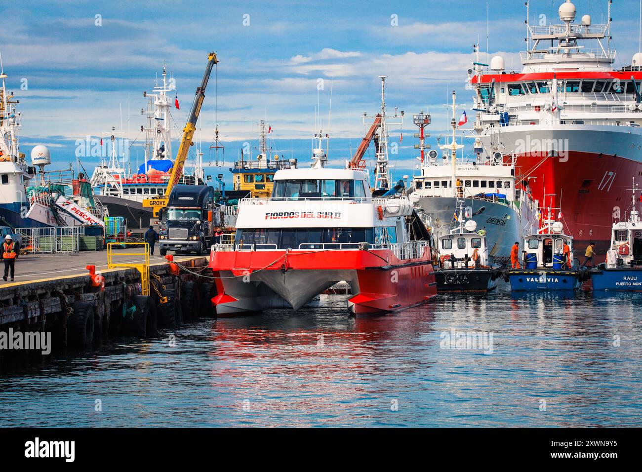 Big Red and White Ship in the Punta Arenas Port, Chile Stock Photo - Alamy