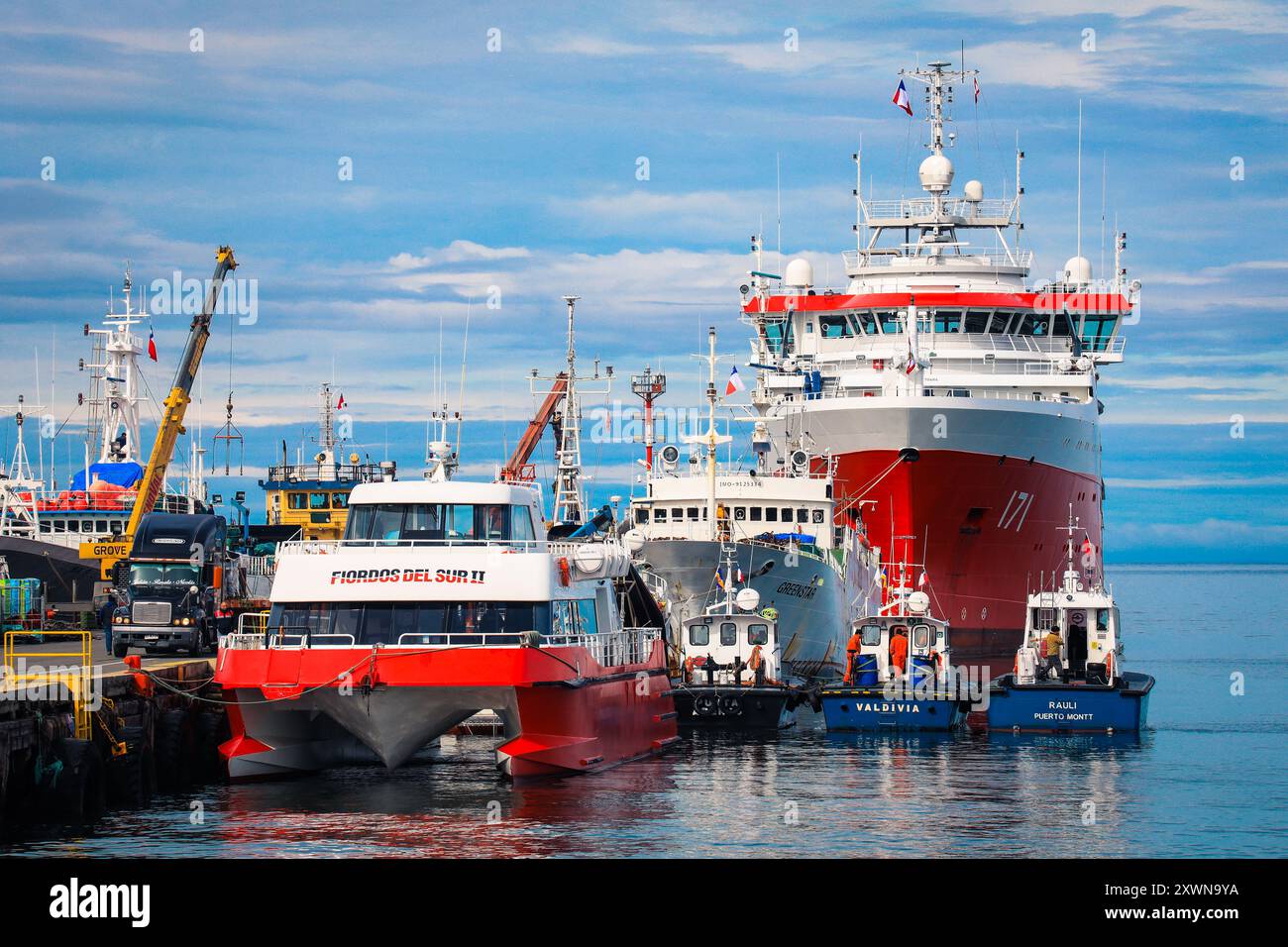 Big Red and White Ship in the Punta Arenas Port, Chile Stock Photo - Alamy