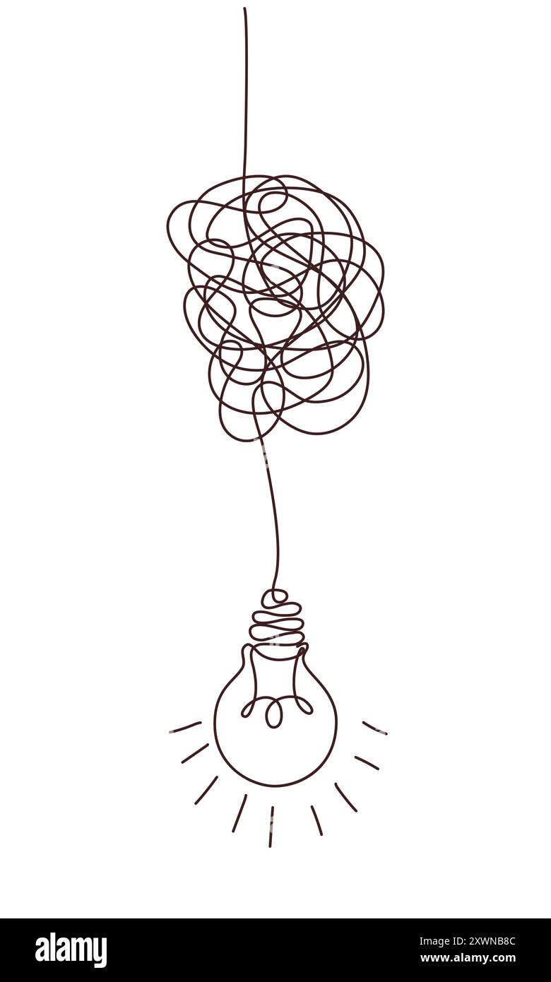 Solution concept of chaos in thoughts with hanging light bulbs with one ...