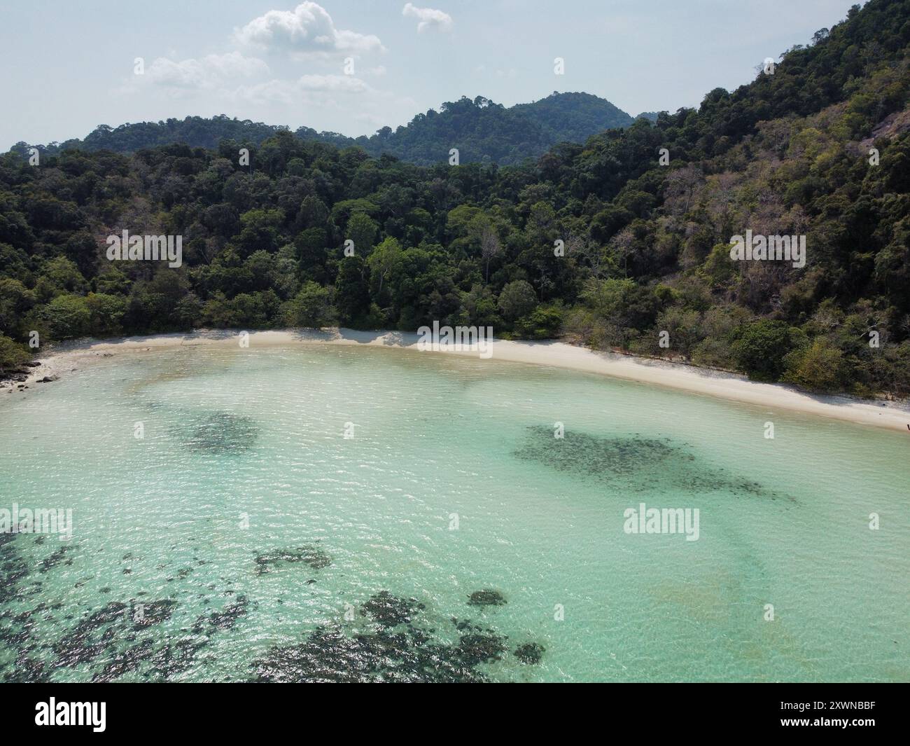 Aerial view of a virgin beach on Koh Ra Wi with white sand, turquoise ...
