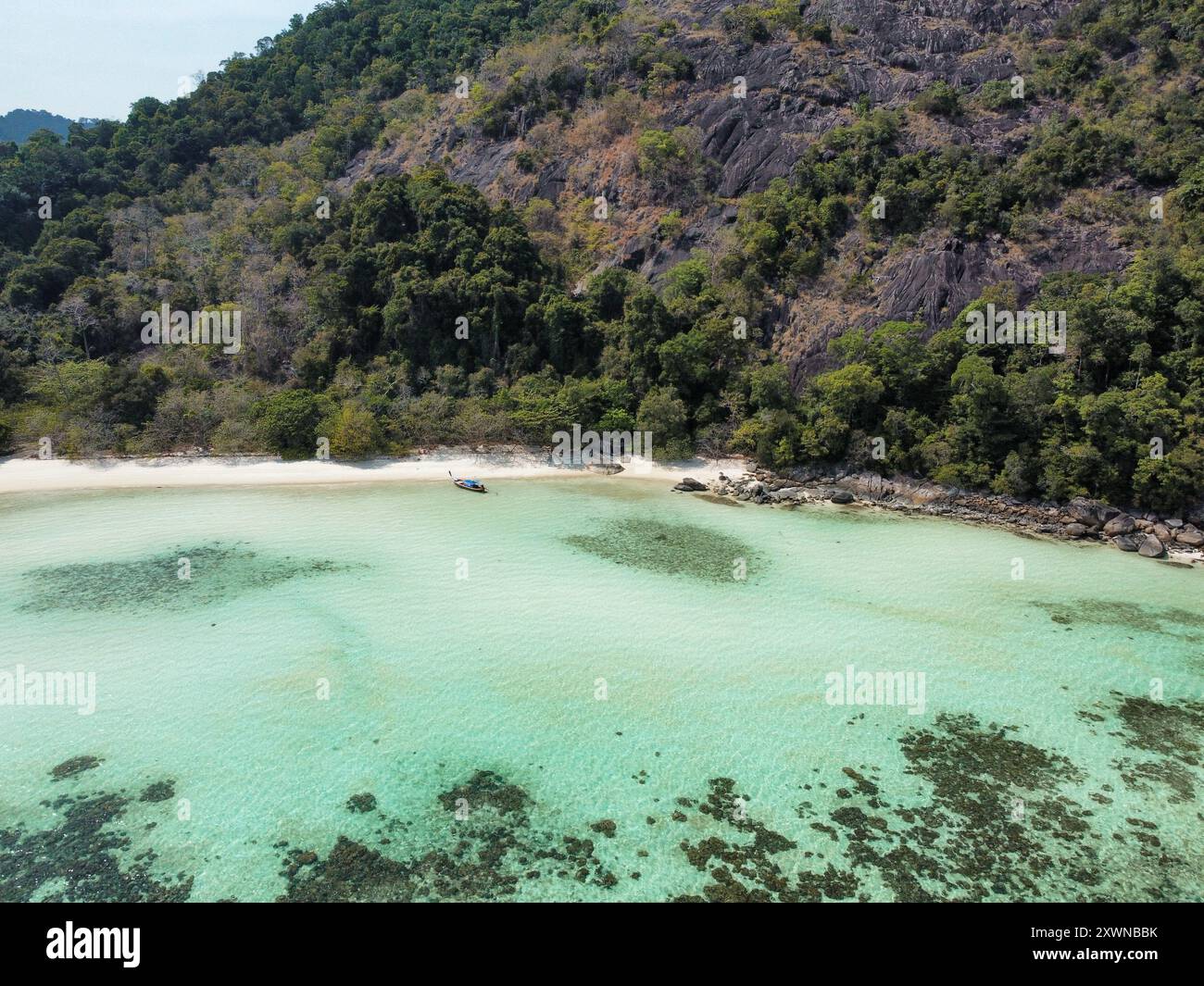 Aerial view of a virgin beach on Koh Ra Wi with white sand, turquoise ...