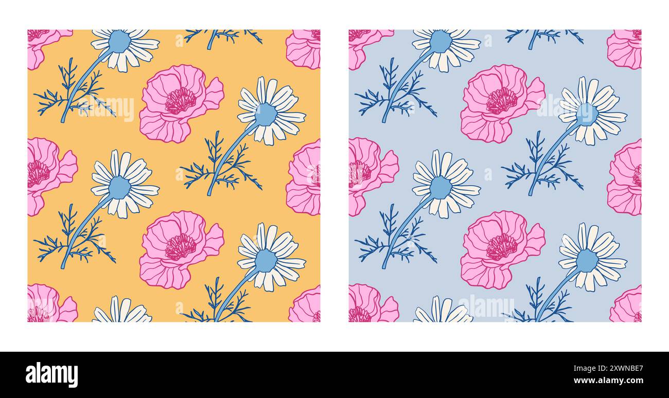 Floral Hand Drawn Flowers Seamless Patterns Set Stock Vector Image ...