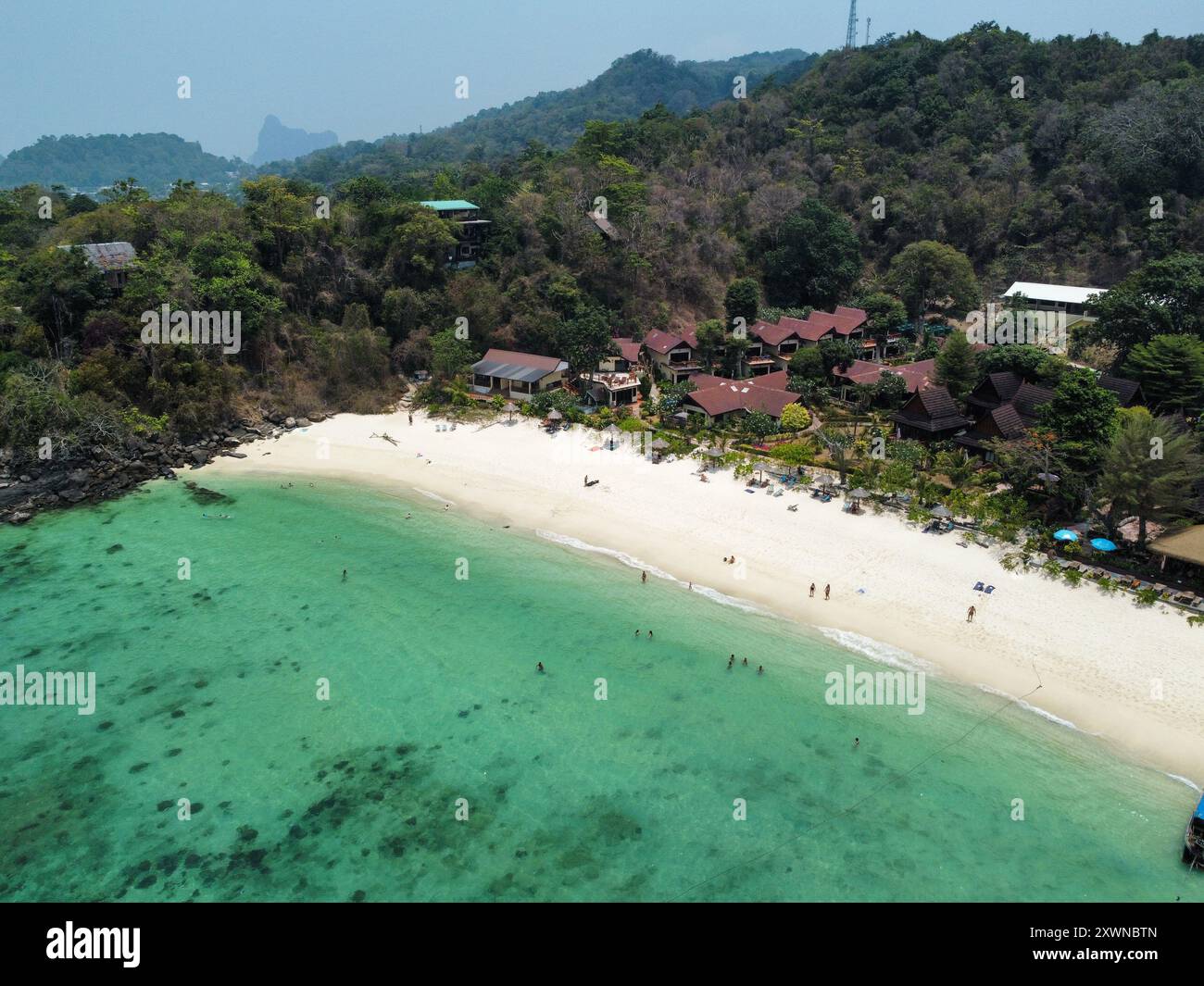 Aerial view of the Long Beach on Koh Phi Phi Don with white sand and ...
