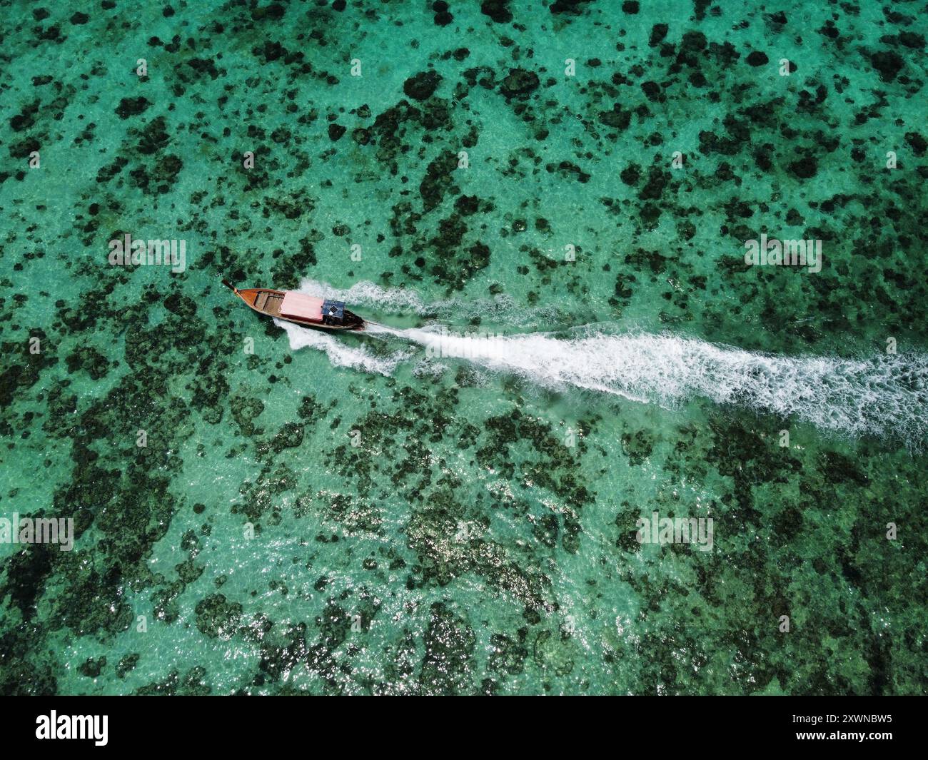 Aerial view of a long tail boat leaving a wake as it passes through the ...